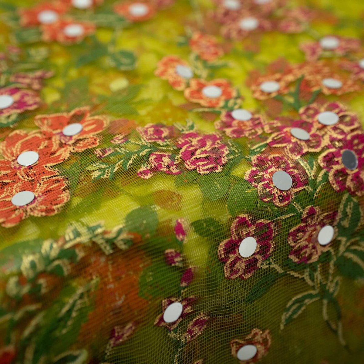 Net Mehndi Botanical Block Printed Gota Patti with Mirror Work Dupatta ...